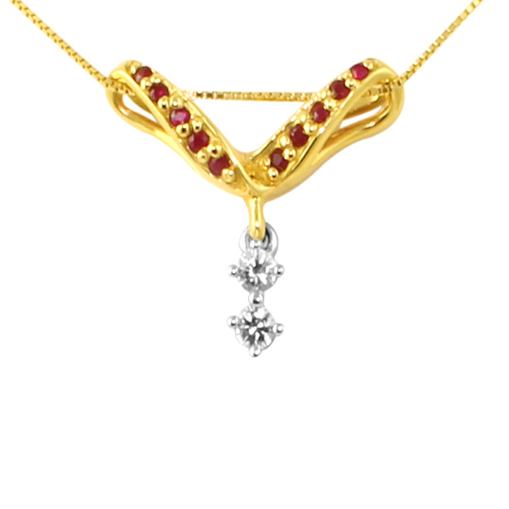 Pandantiv cu lant din aur 18K cu 0,21 ct safire albe si 0,19 ct rubine naturale