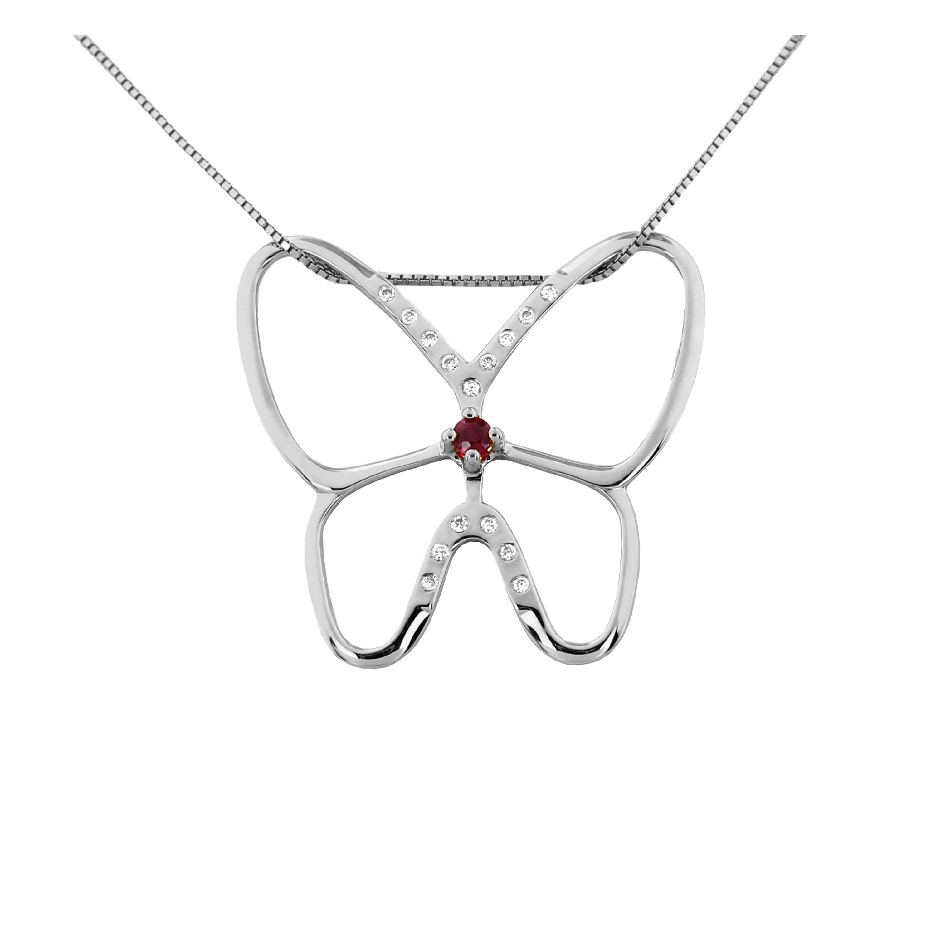 Pandantiv fluture cu lant din aur 18K cu 0,09 ct rubin si 0,11 ct diamante naturale