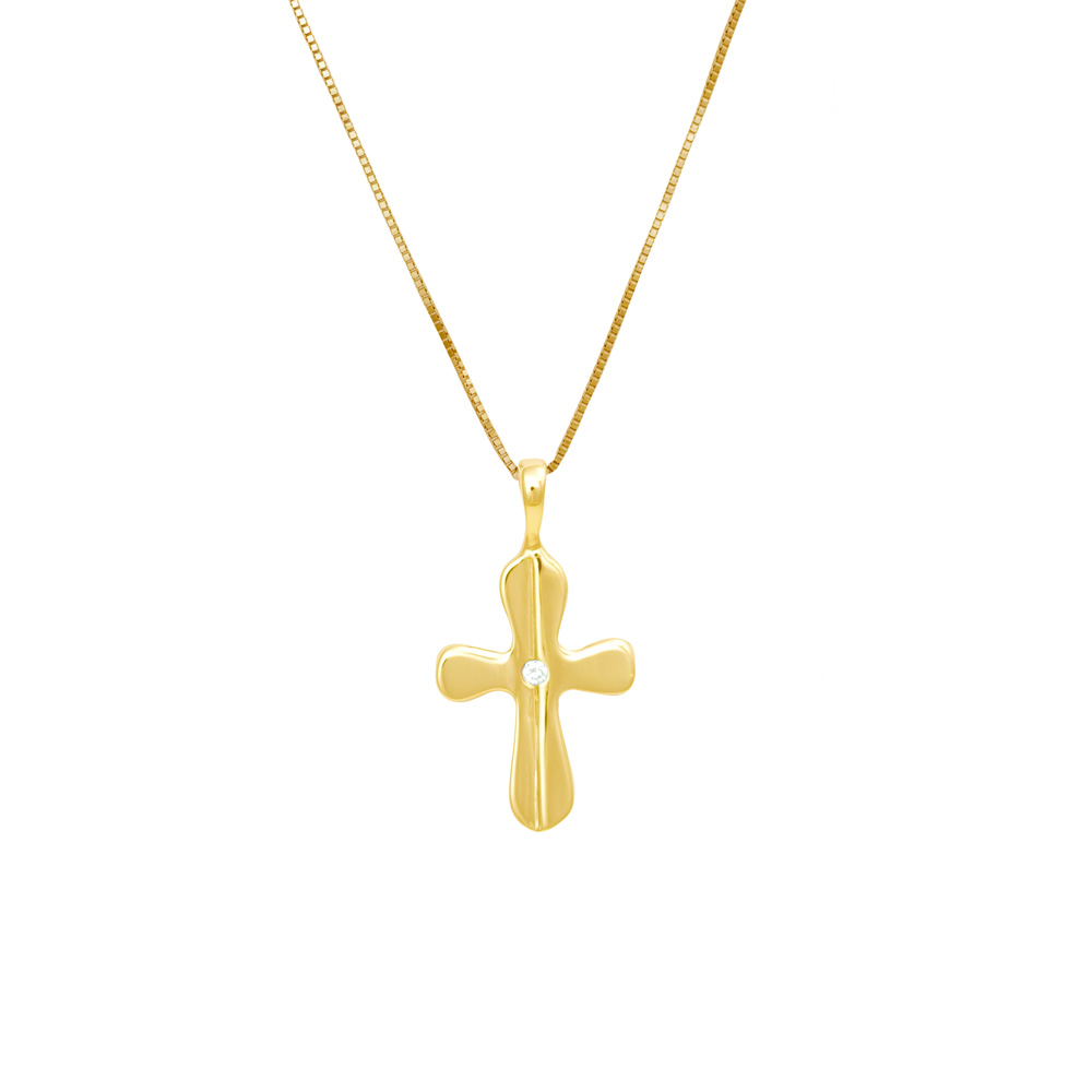 Pandantiv cruce cu lanț din aur galben 18K cu 0,02 ct diamant natural